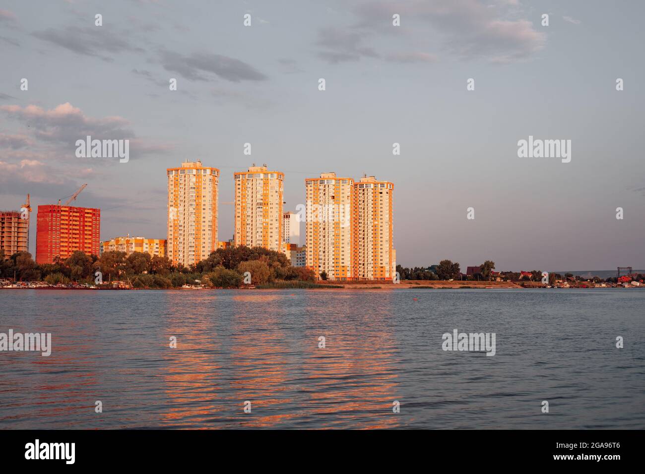 Urban landscape at dawn. Photo of the city and several high-rise ...