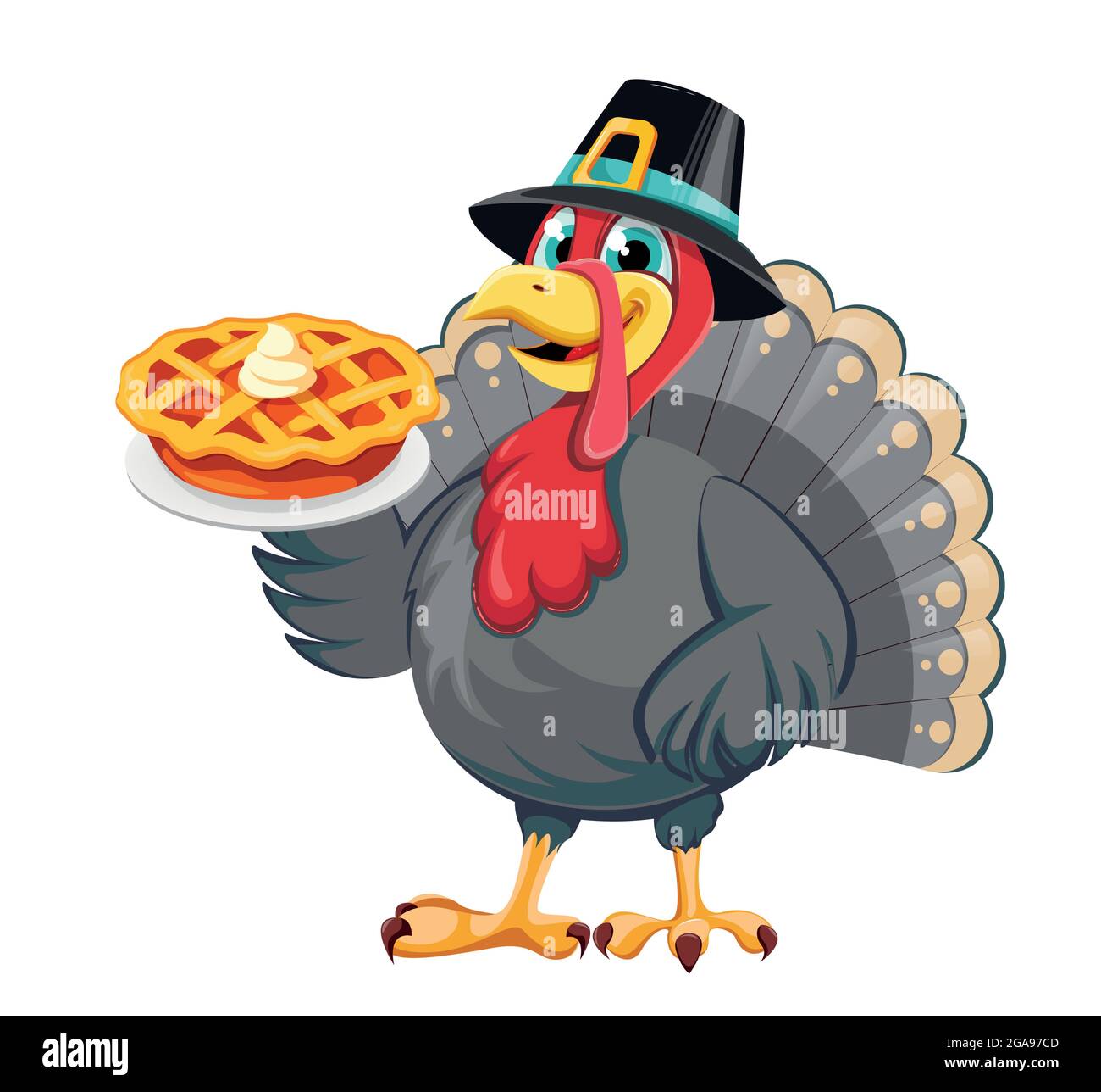 Happy Thanksgiving Day. Funny cartoon character turkey bird in pilgrim ...