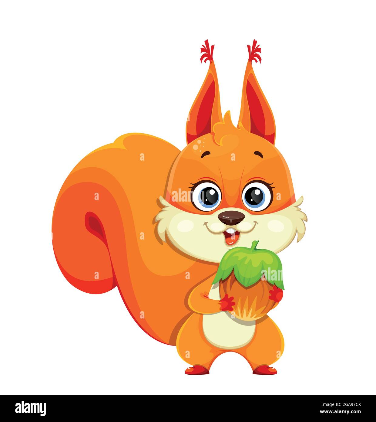Cute fluffy squirrel holding nut, funny cartoon character. Stock vector ...