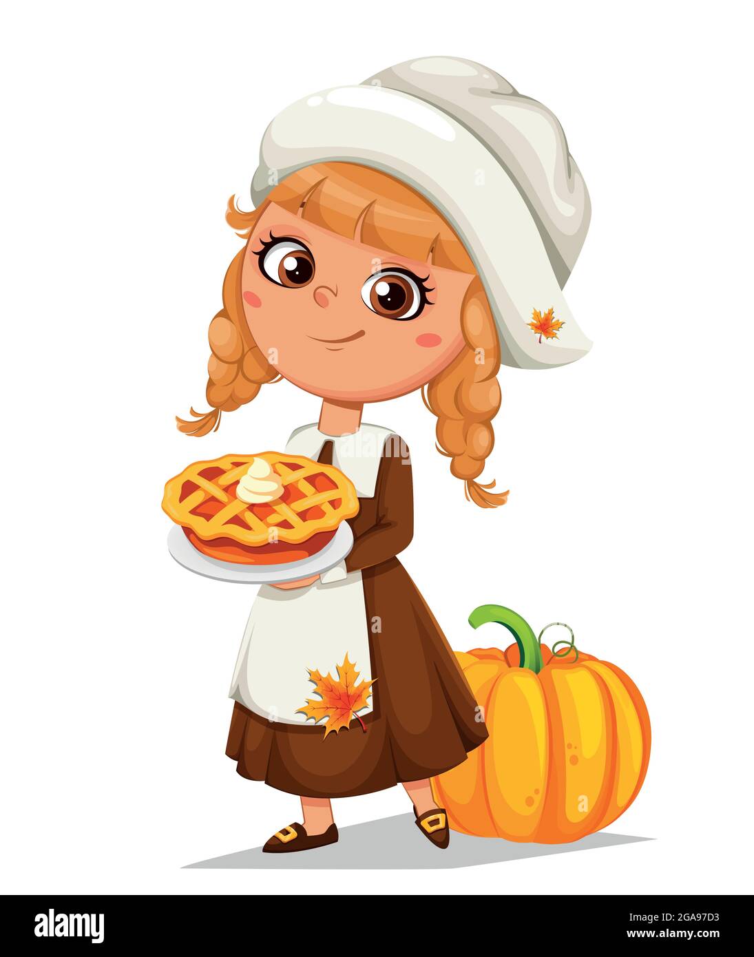 Happy Thanksgiving Day. Cute little pilgrim girl cartoon character ...