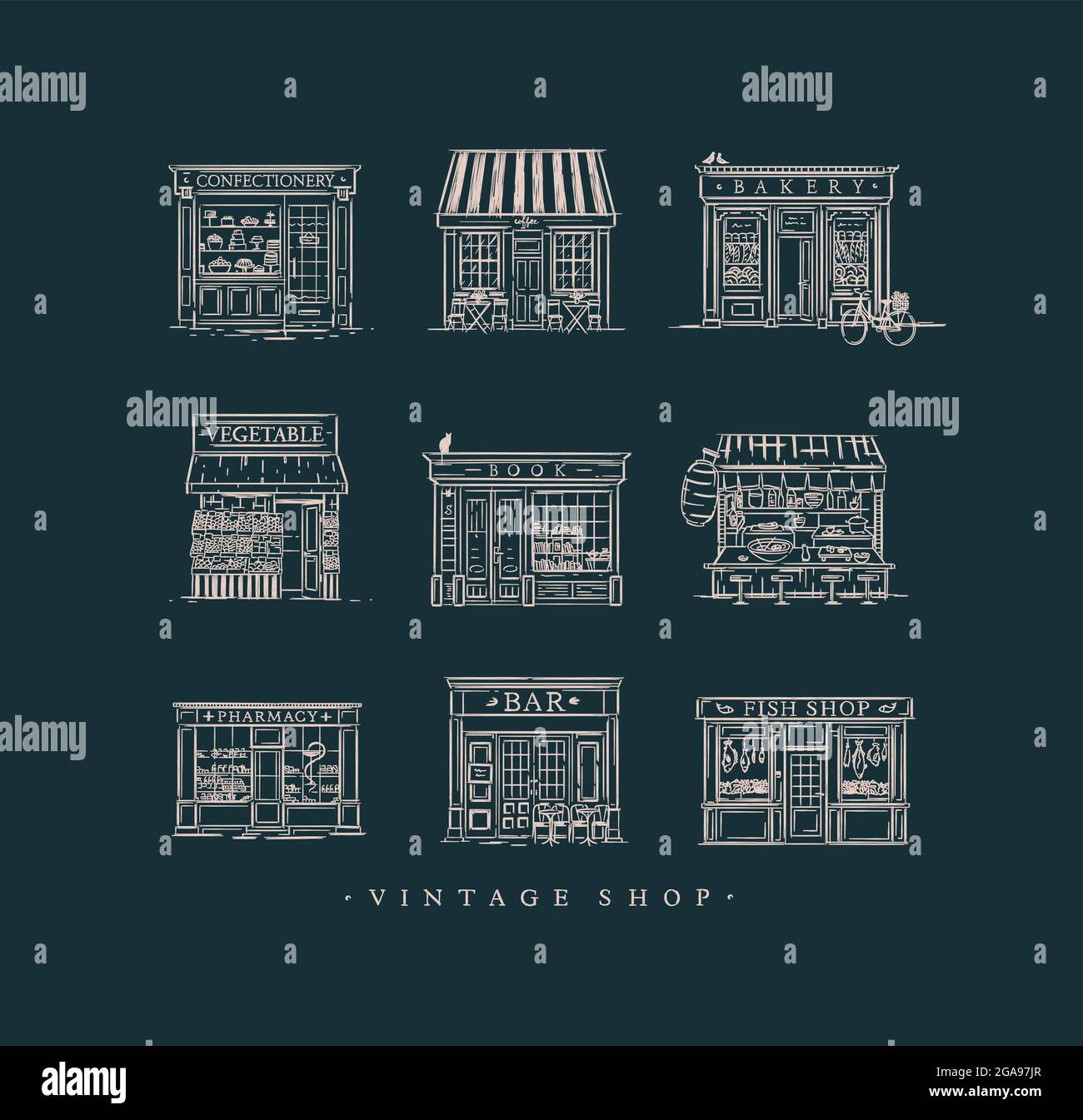 Set of cafe and shops confectionary, coffee, bakery, vegetable, book ...