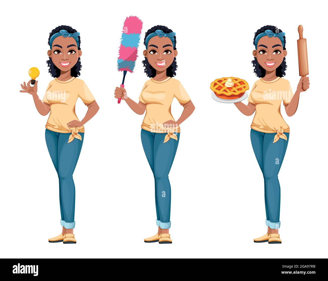 Pretty African American housewife, set of three poses. Cute lady ...