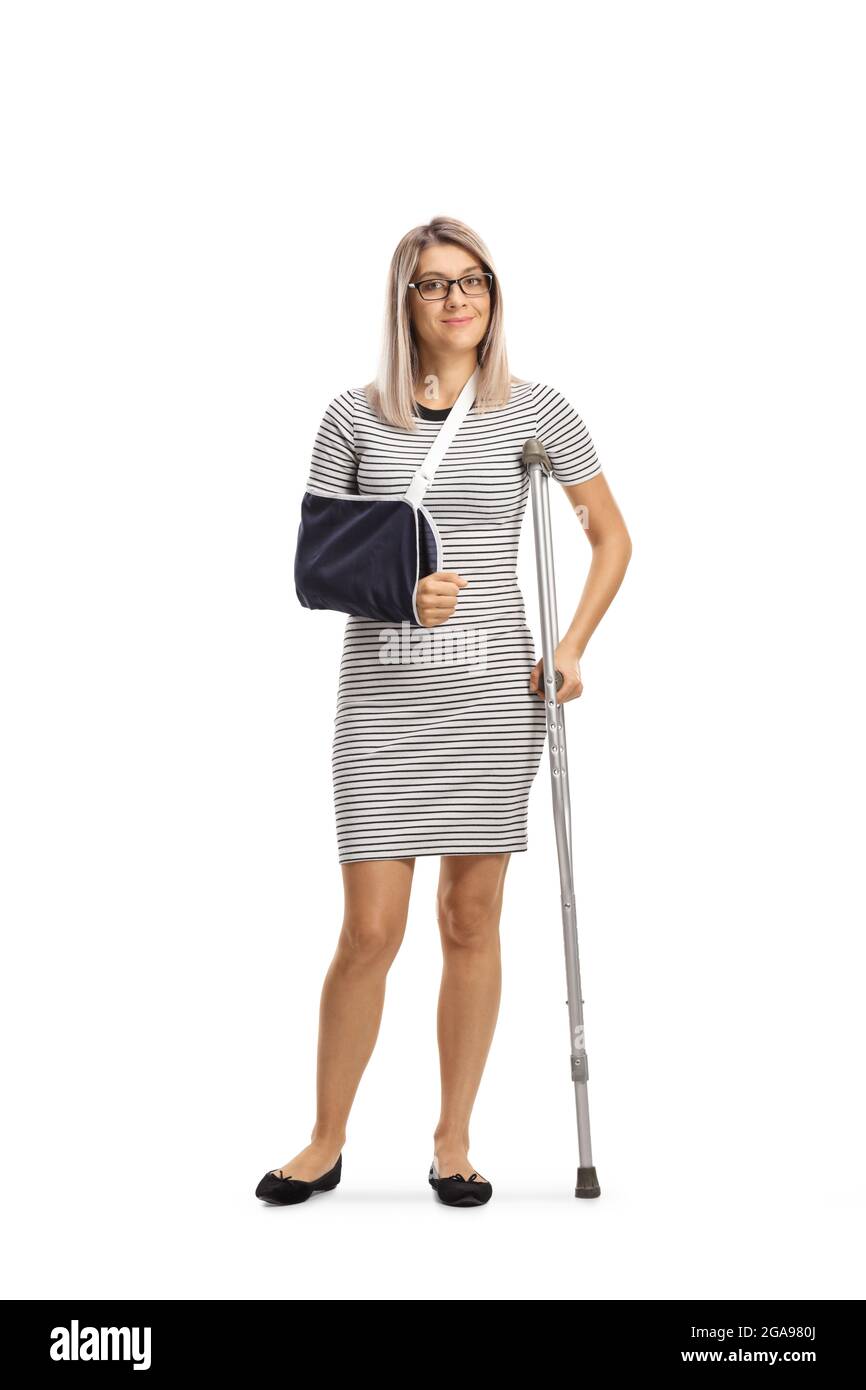 Happy white female on a crutch hi-res stock photography and images - Alamy