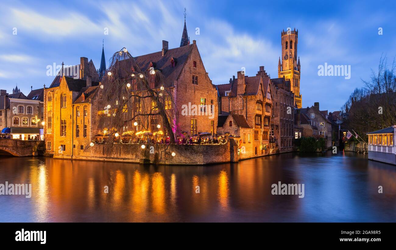 City waterfront image of Bruges in Belgium at winter, Christmas, blue ...