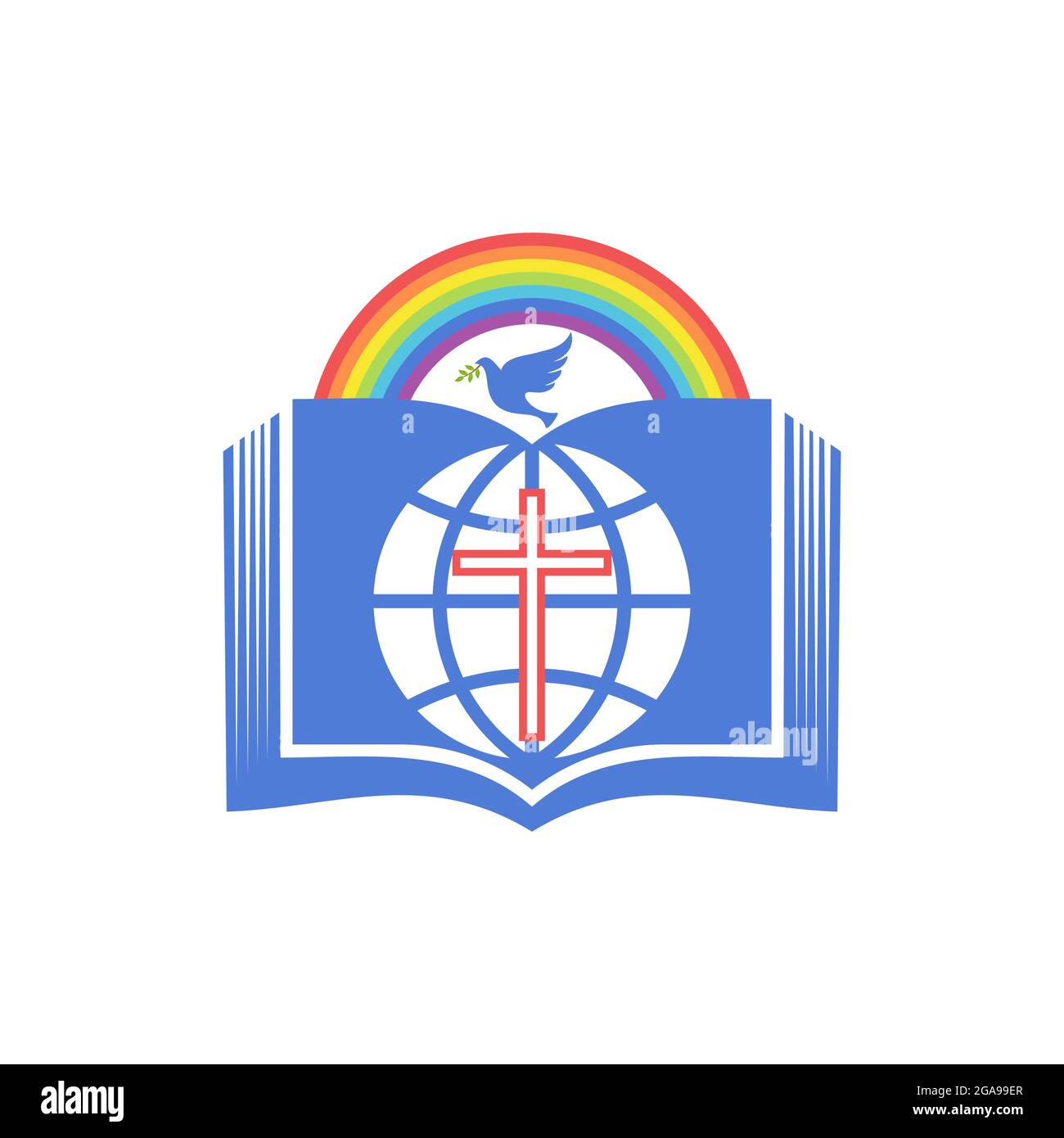Biblical illustration. An open bible, a rainbow of the covenant, and a ...