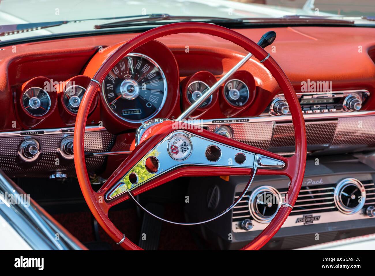 PLYMOUTH, MI/USA - JULY 26, 2021: Close-up of a 1960 Chevrolet Impala ...