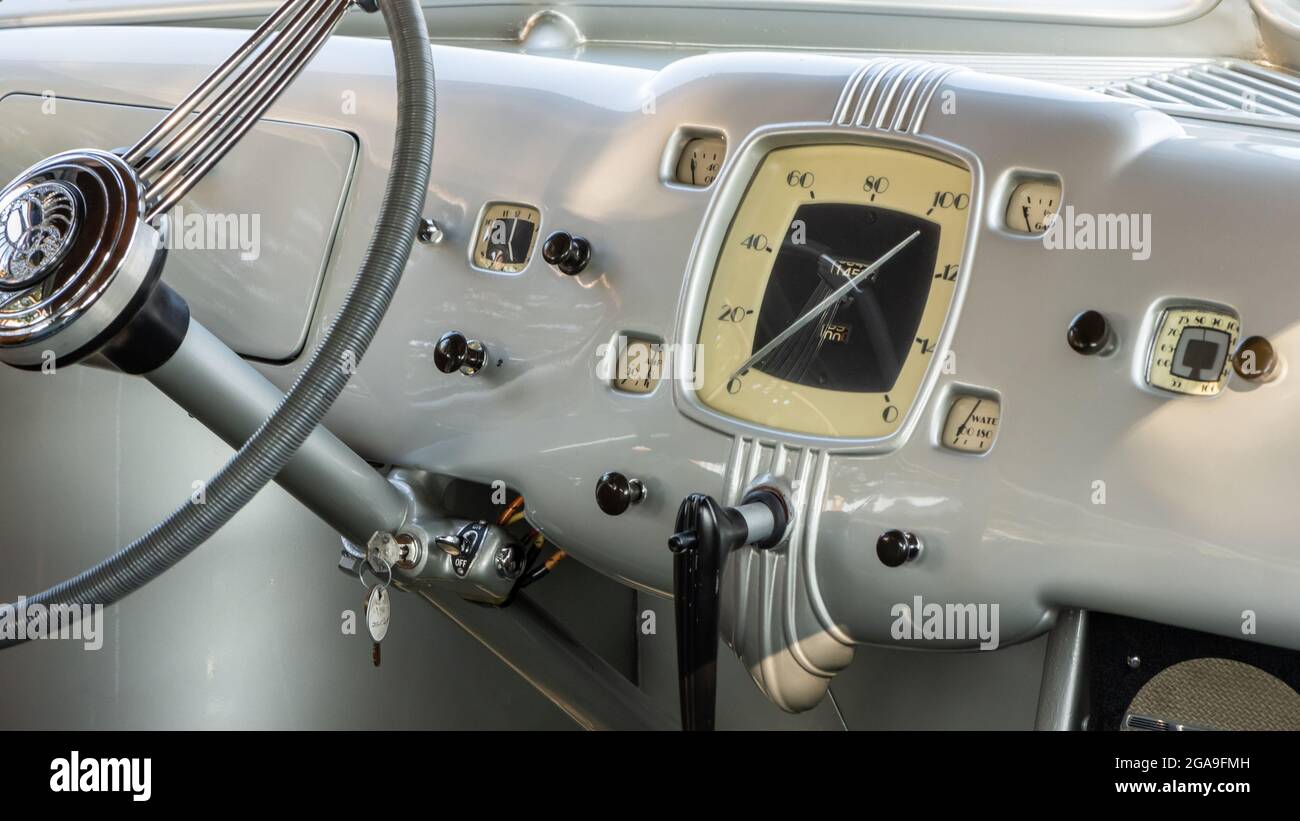 PLYMOUTH, MI/USA - JULY 26, 2021: Close-up of a 1936 Stout Scarab ...