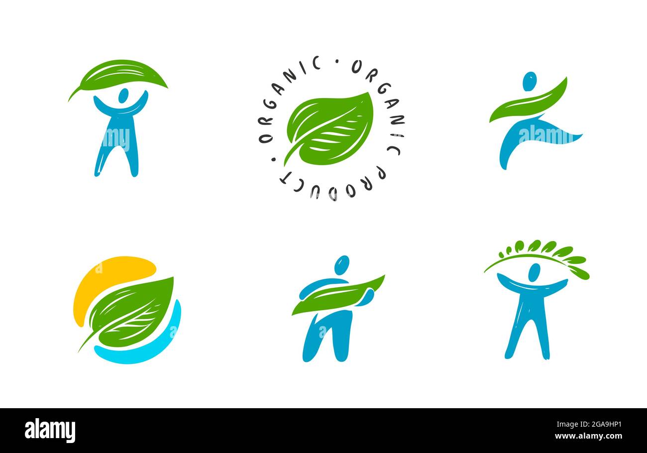 Eco, organic icon set. Human with green leaves symbol. Ecology ...