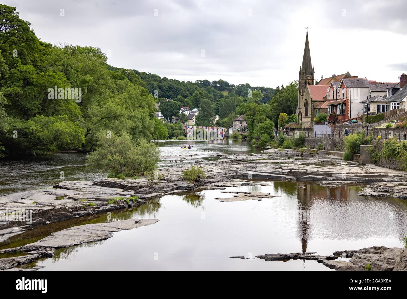 LLANGOLLEN, DENBIGHSHIRE, WALES - JULY 11 : View along the River Dee in ...