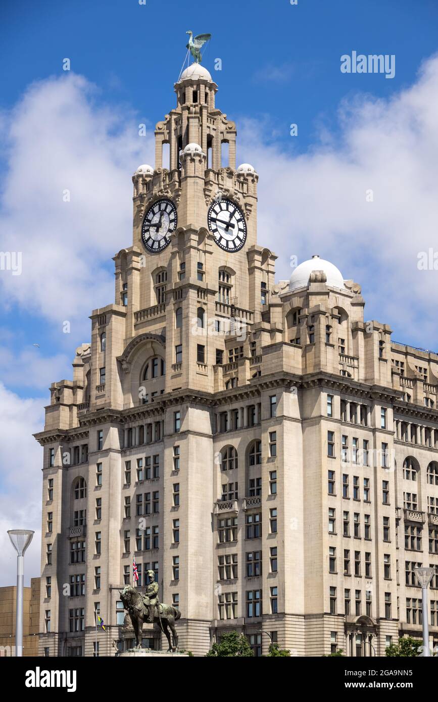 LIVERPOOL, UK - JULY 14 : The Royal Liver building with a clock tower ...
