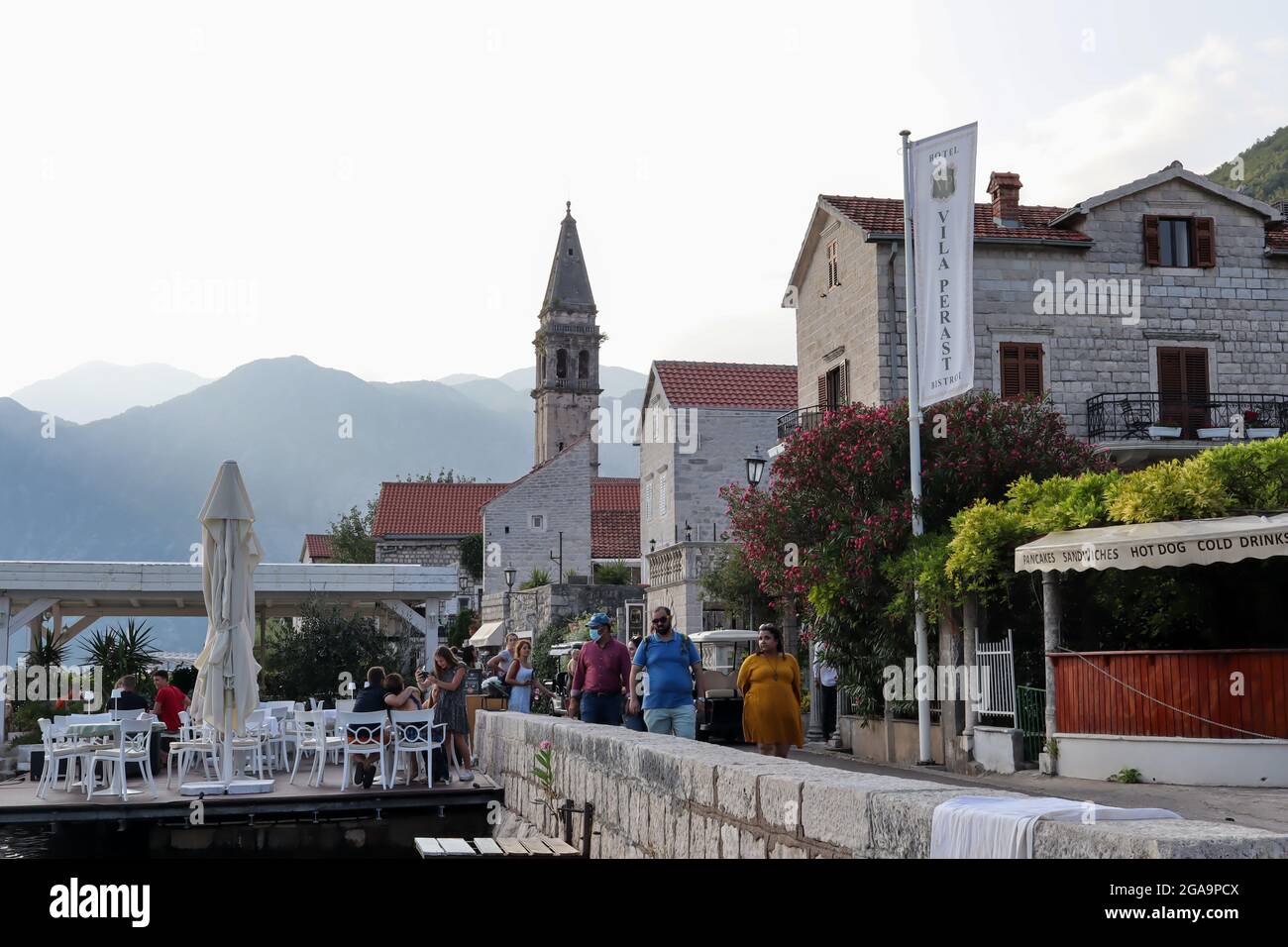 Perast, Montenegro - July 20, 2021 Beautiful view of the restaurant on ...