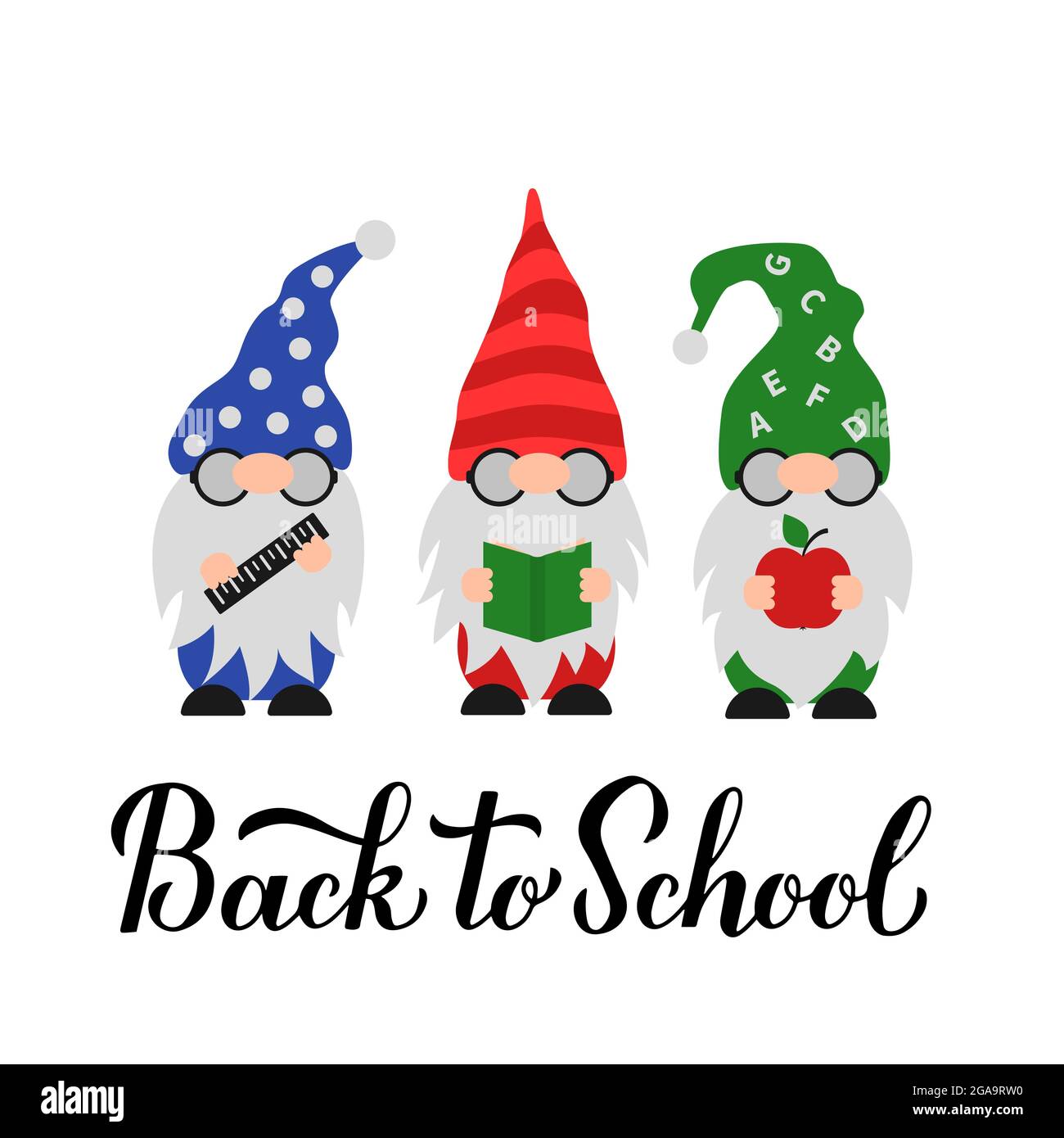 Back to School calligraphy lettering with cute gnomes. Gnome students ...