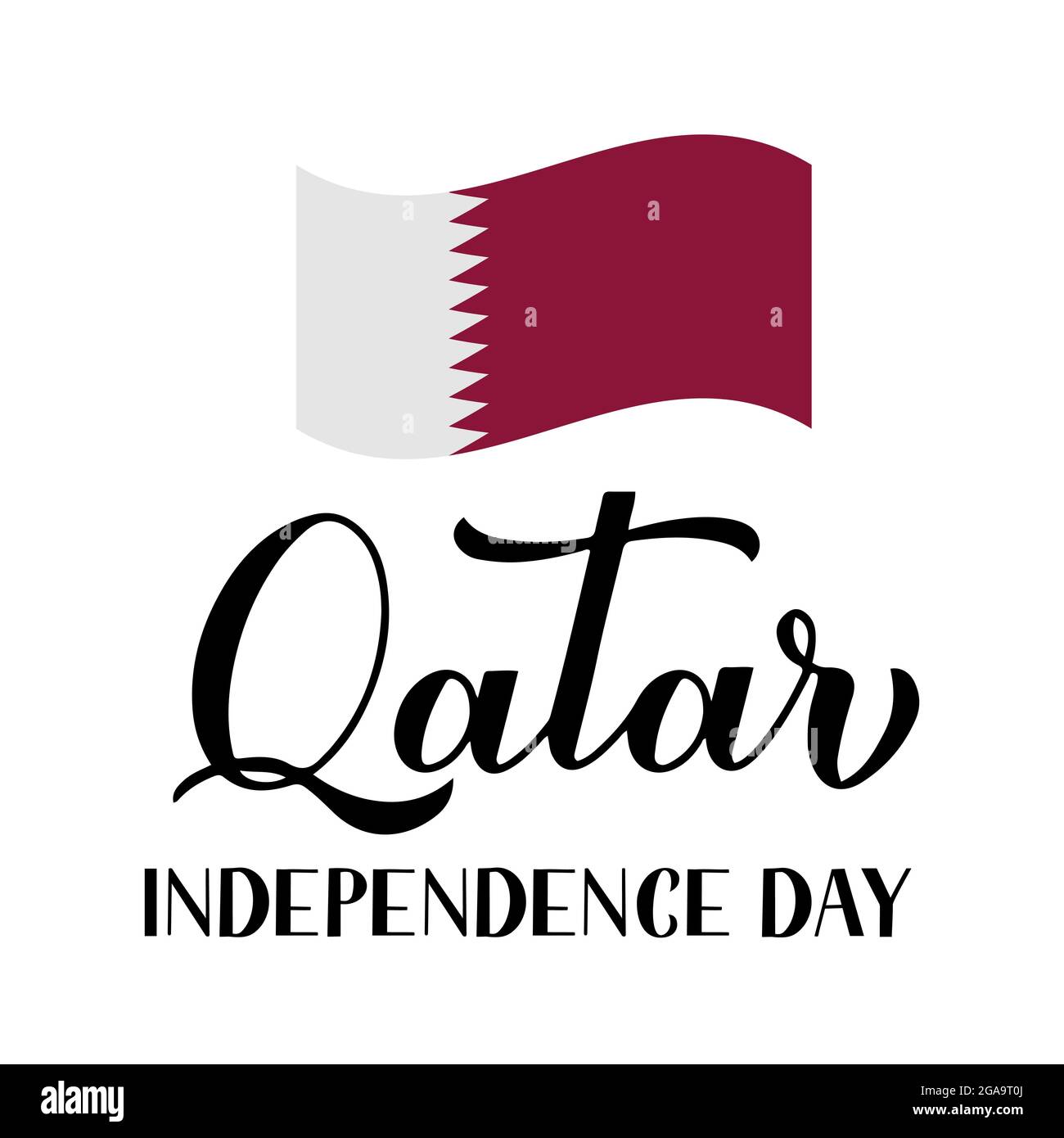 Qatar Independence Day calligraphy hand lettering with flag isolated on ...