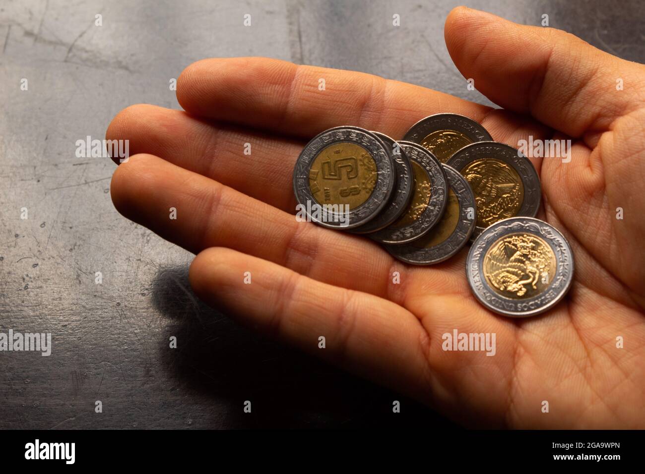 hand holding mexican money called pesos Stock Photo - Alamy