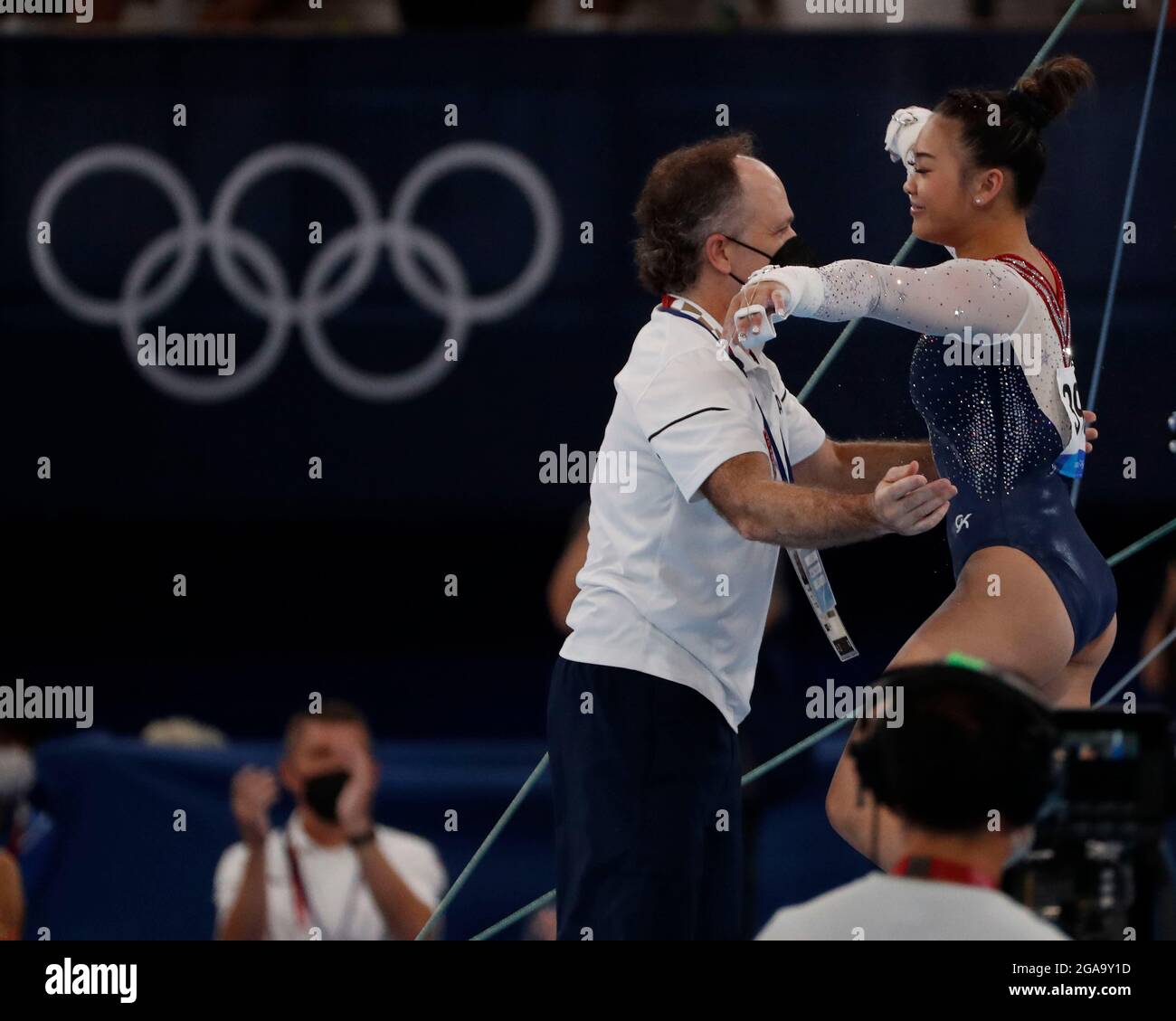 Tokyo, Kanto, Japan. 29th July, 2021. Sunisa Lee (USA) gets a hug from ...