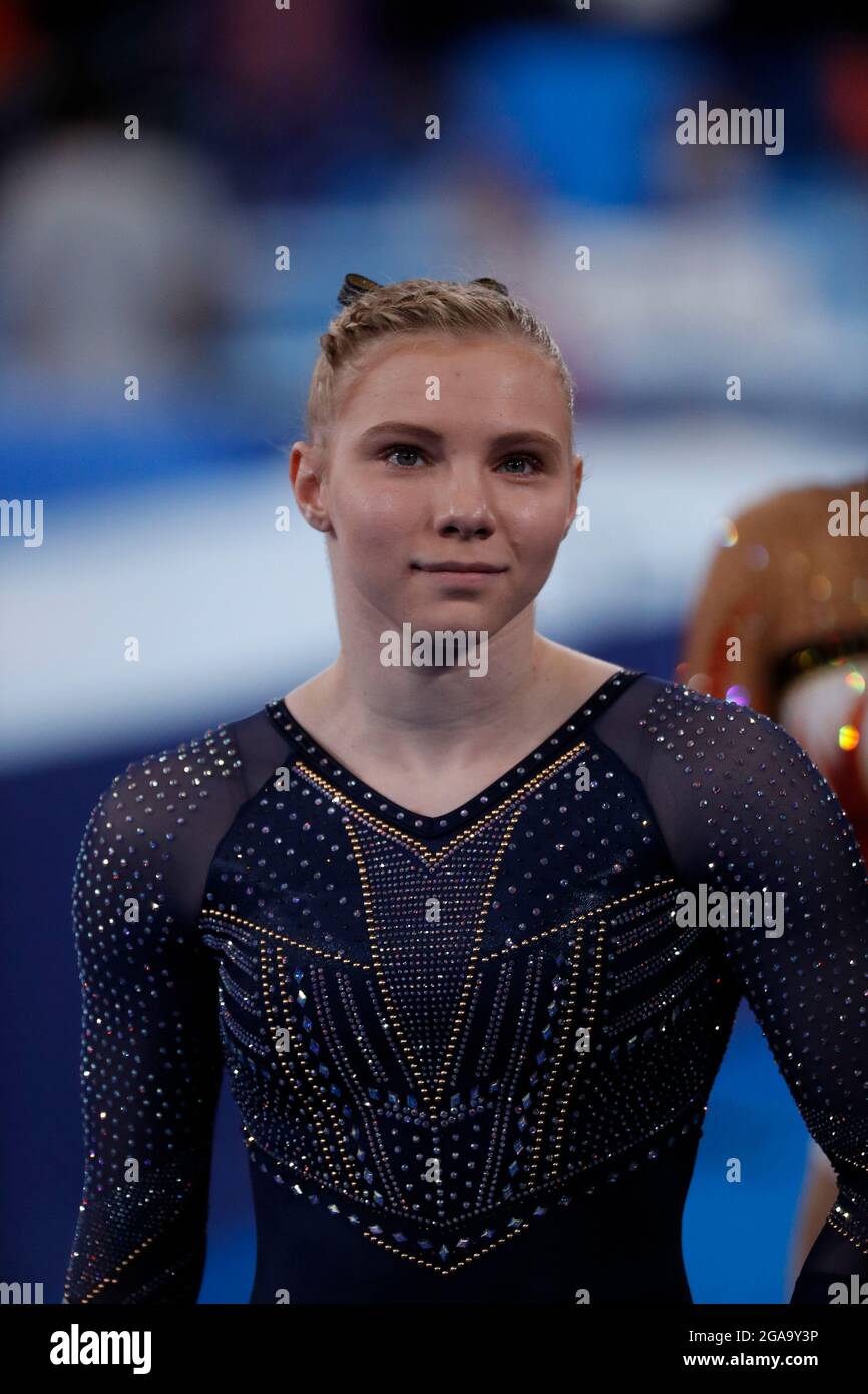 Tokyo, Kanto, Japan. 29th July, 2021. Jade Carey (USA) shown between ...