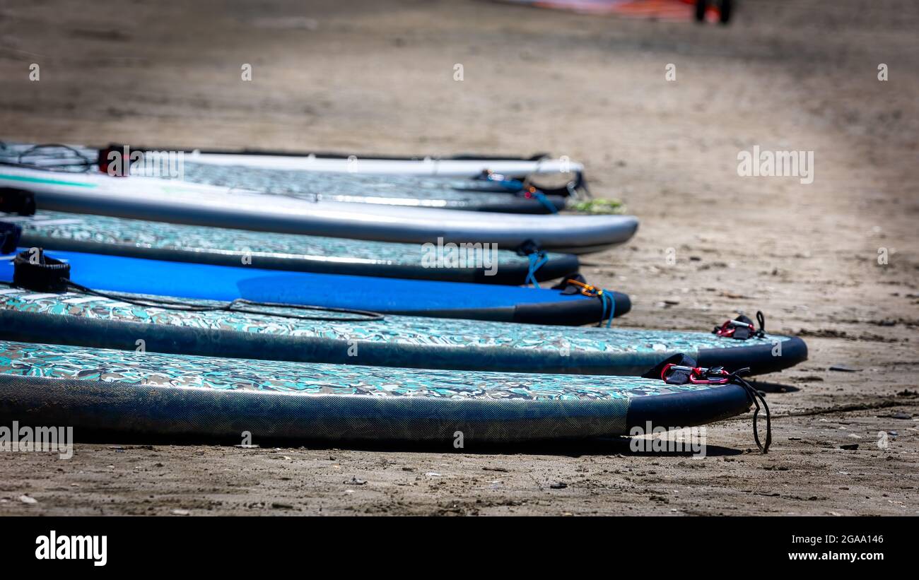 Surf boards sit in the sand at Zaimokusa Beach in Kamakura, Japan Stock ...