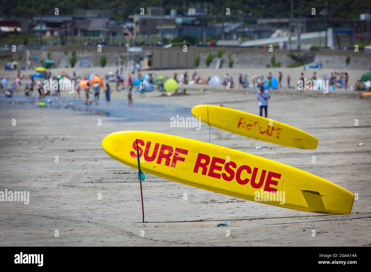 Life guard surf boards sits at the ready on Zaimokuza Beach near ...