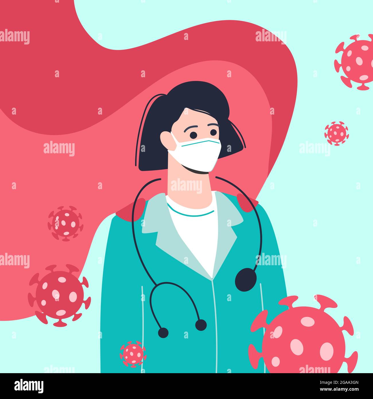 doctor-female in a medical mask and a red cloak. Doctor is a modern ...