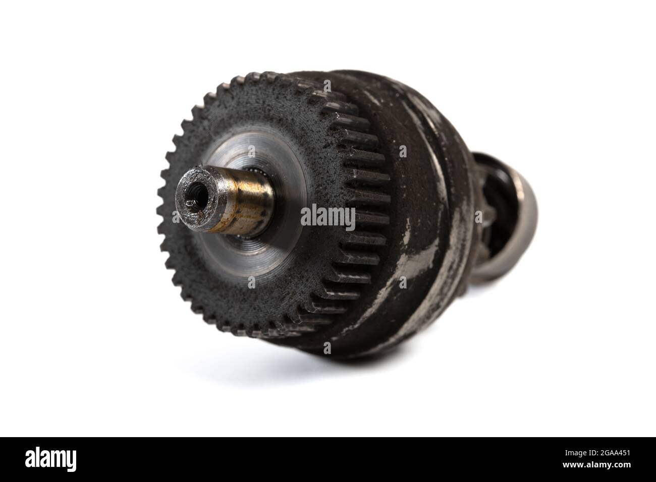 side view machine part with gears on a white background Stock Photo - Alamy