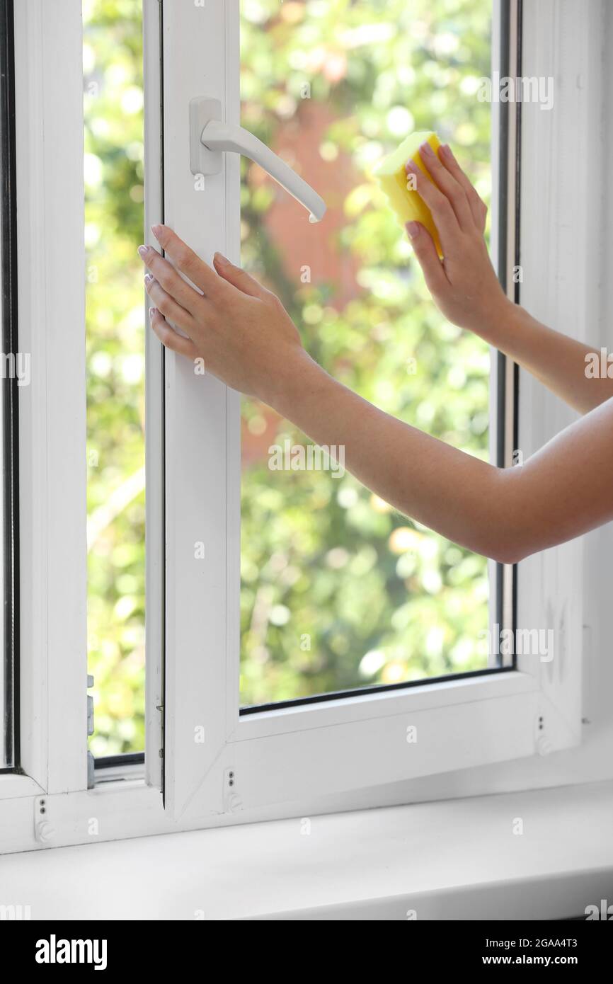 Woman washing window in room Stock Photo - Alamy