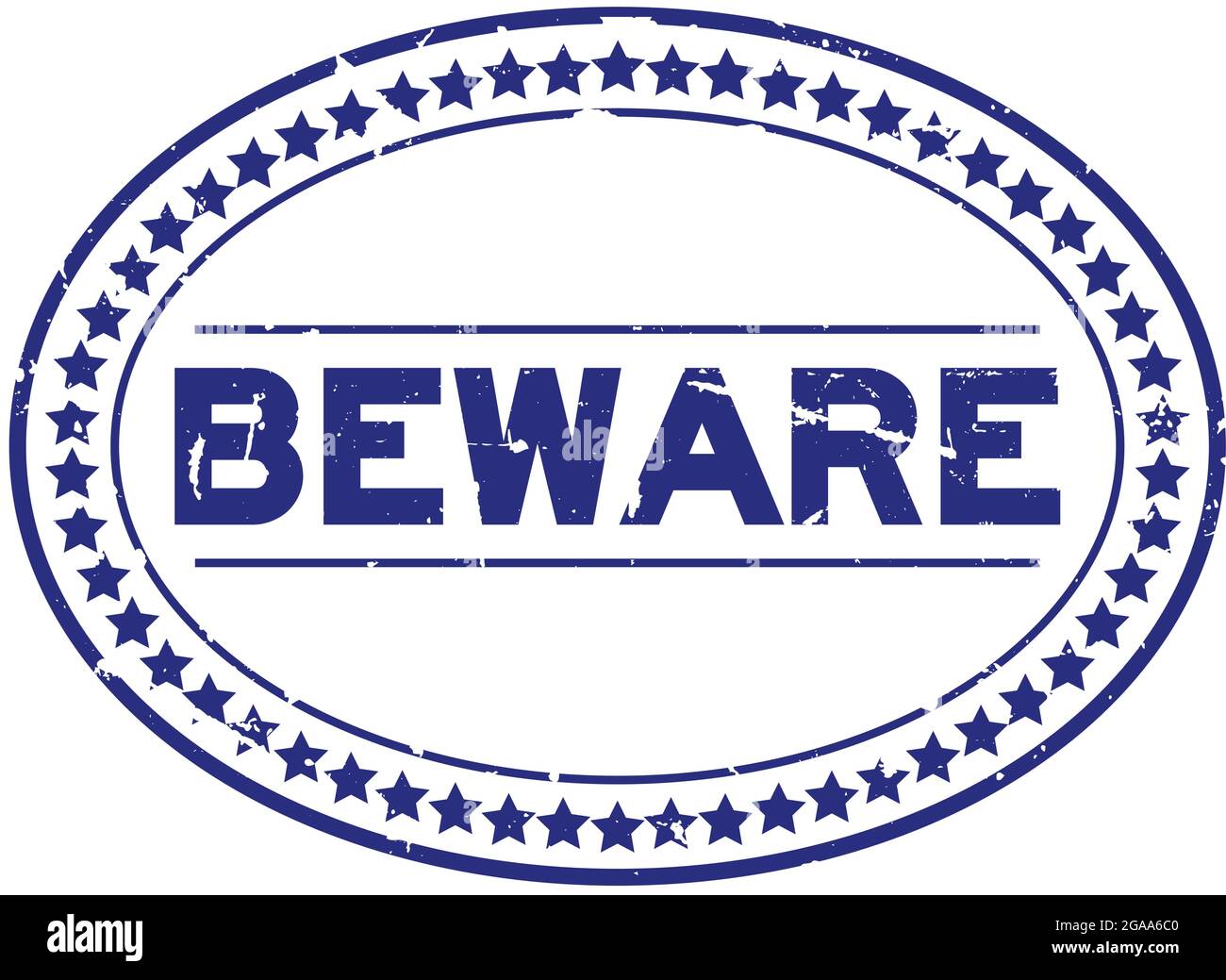 Grunge blue beware word oval rubber seal stamp on white background ...
