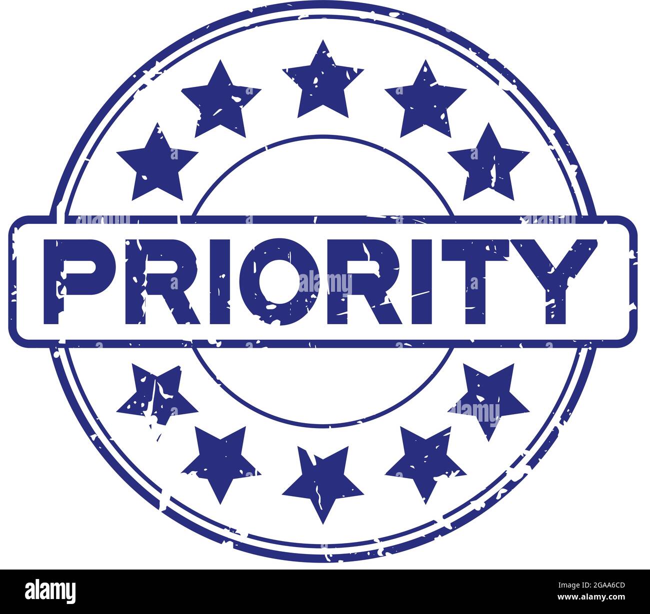 Grunge blue priority wording round rubber seal stamp on white ...