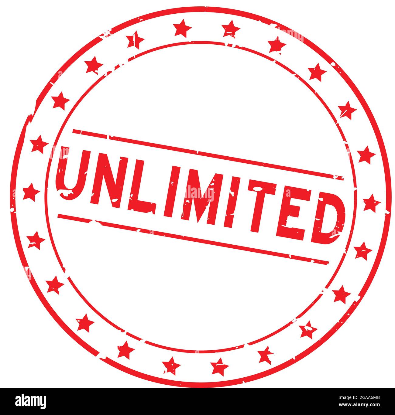 Grunge red unlimited word with star icon round rubber seal stamp on ...