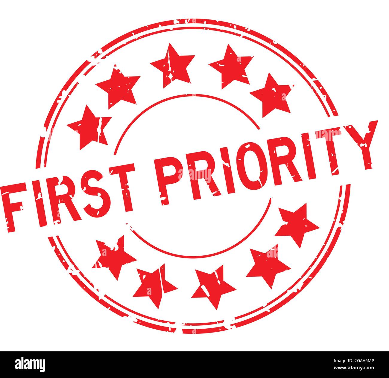 Grunge red first priority word with star icon round rubber seal stamp ...