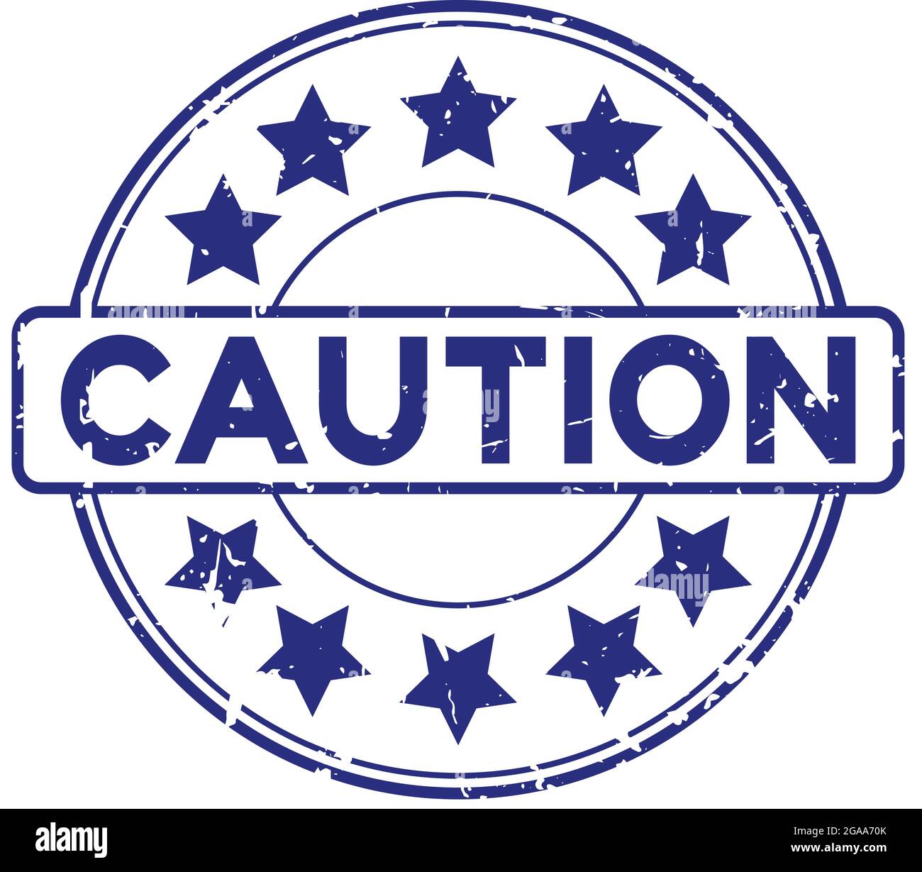 Grunge blue caution word round with star icon rubber seal stamp on ...