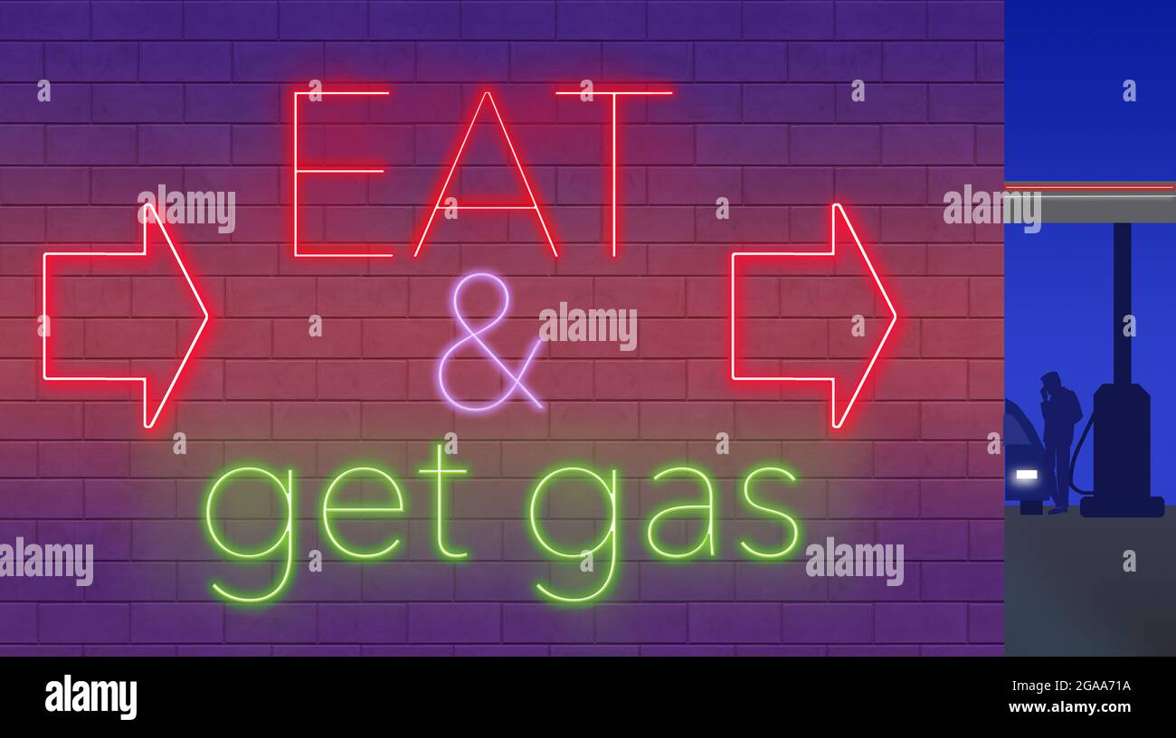 A neon sign on the wall of a gasoline station displays the words “Eat ...
