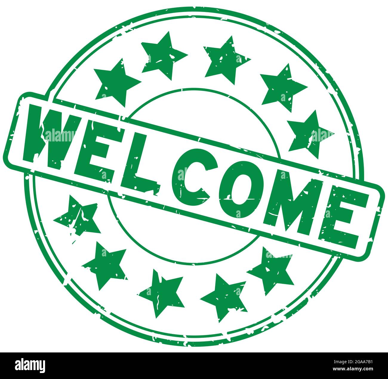 Grunge green welcome word with star icon round rubber seal stamp on ...