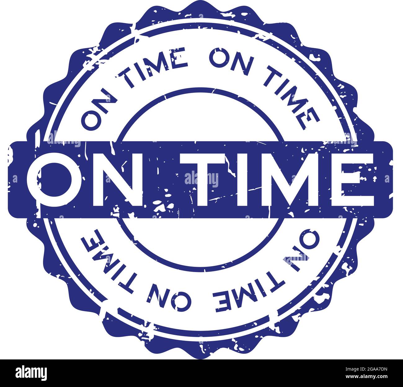 Grunge blue on time word round rubber seal stamp on white background ...