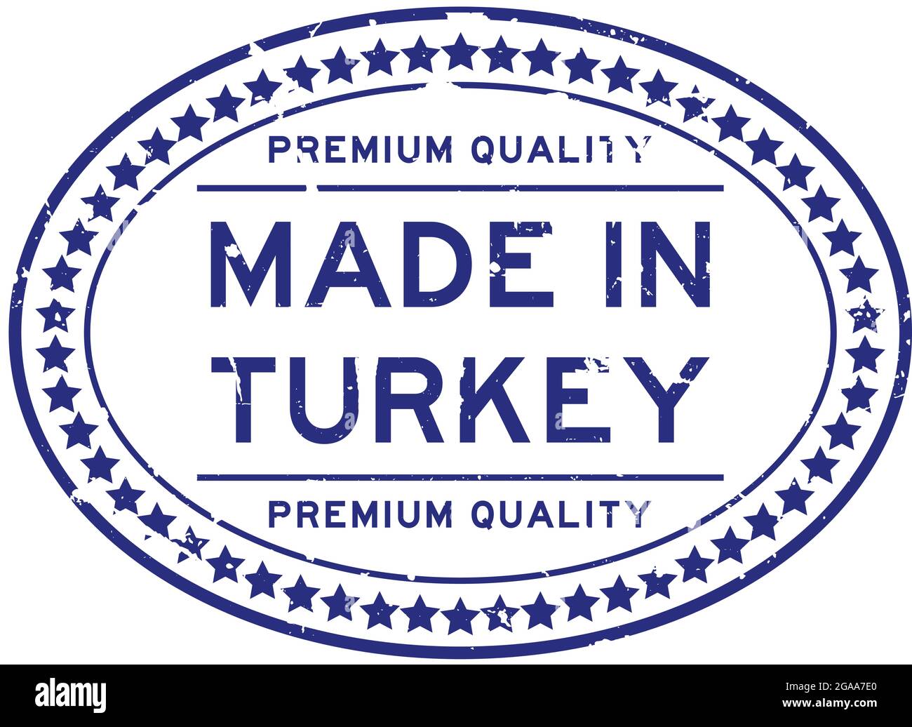 Grunge blue premium quality made in Turkey oval rubber stamp on white ...