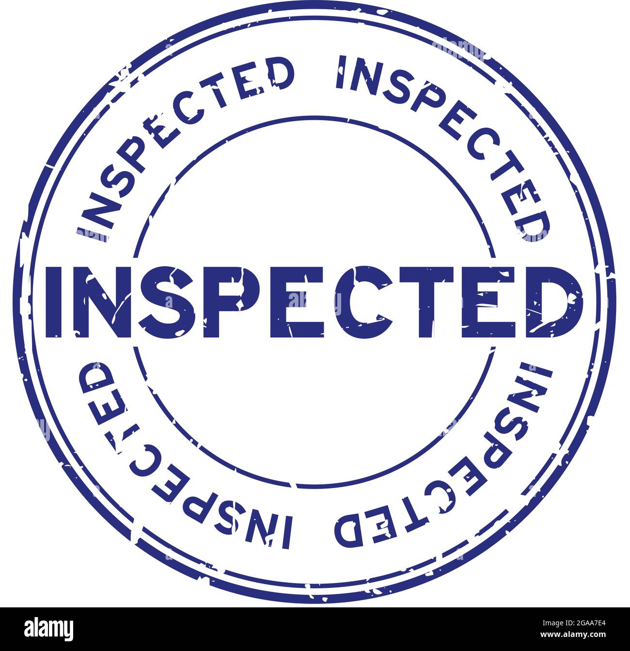 Grunge blue inspected word round rubber seal stamp on white background ...