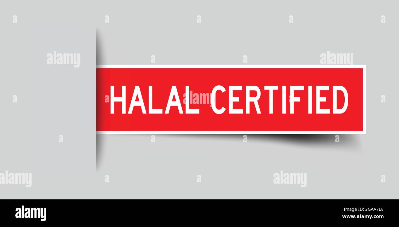 Label square red sticker in word halal certified that insert under gray ...