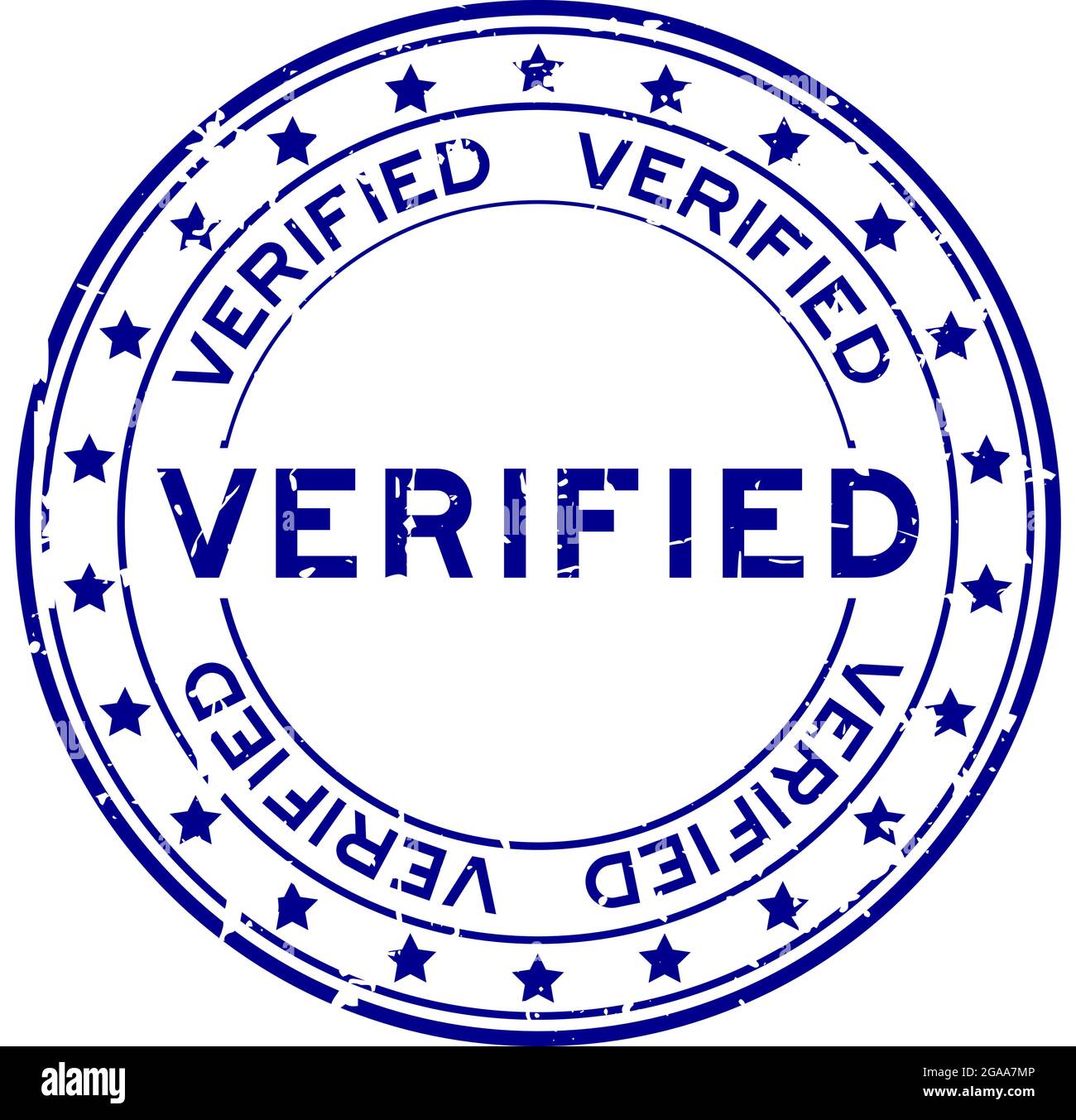 Grunge blue verified word with star icon round rubber seal stamp on ...