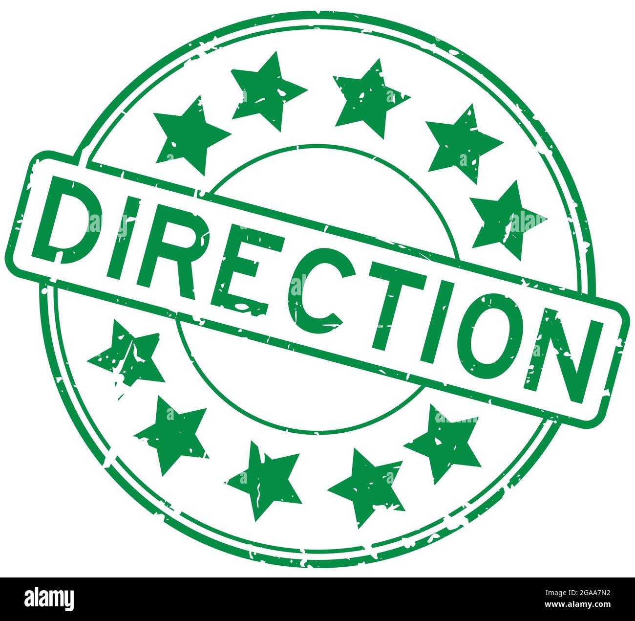Grunge green direction with star icon round rubber seal stamp on white ...