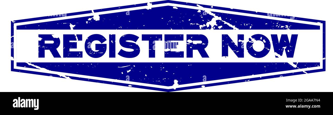 Grunge blue register now word hexagon rubber seal stamp on white background Stock Vector Image ...