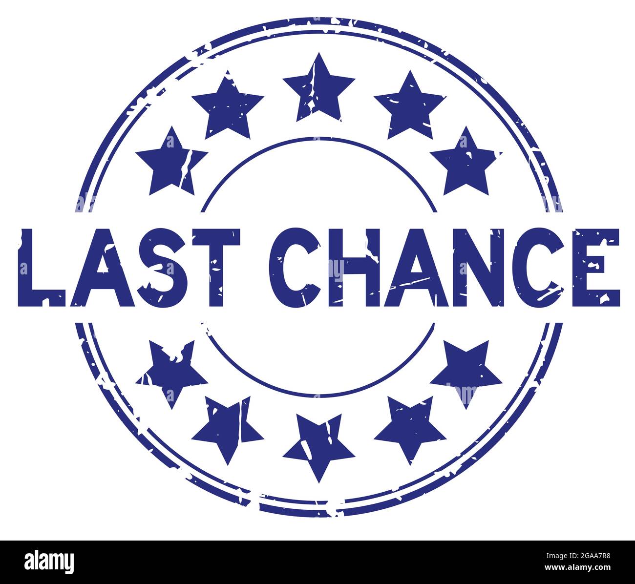 Grunge blue last chance word with star icon round rubber seal stamp on white background Stock ...