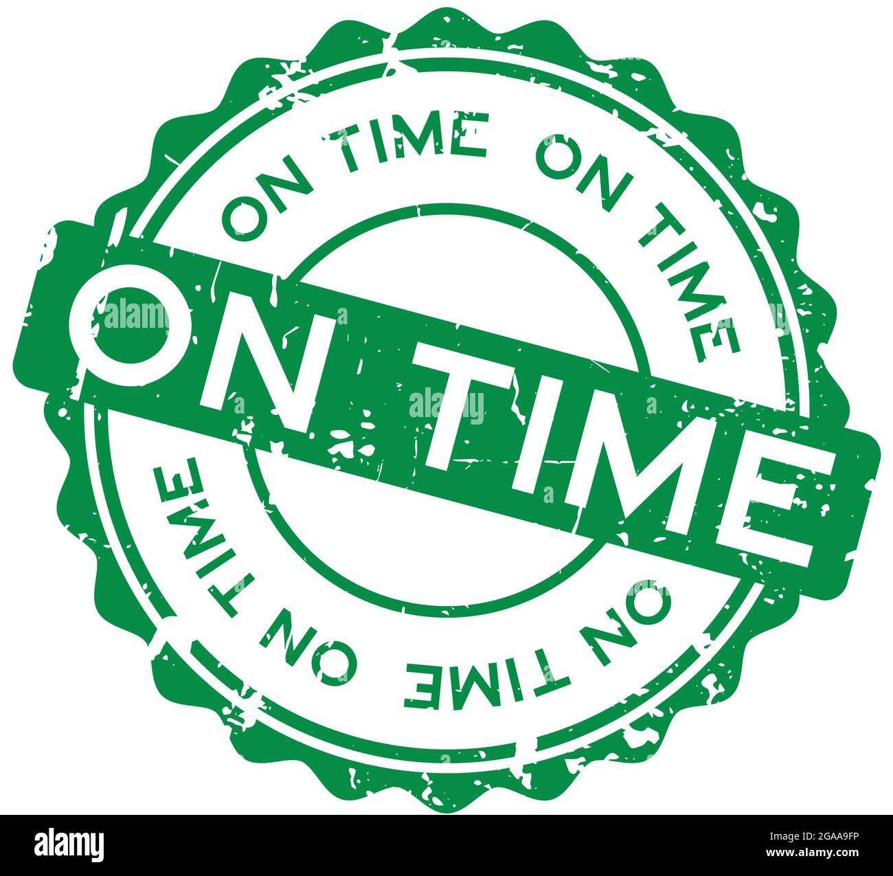 Grunge green on time word round rubber seal stamp on white background ...