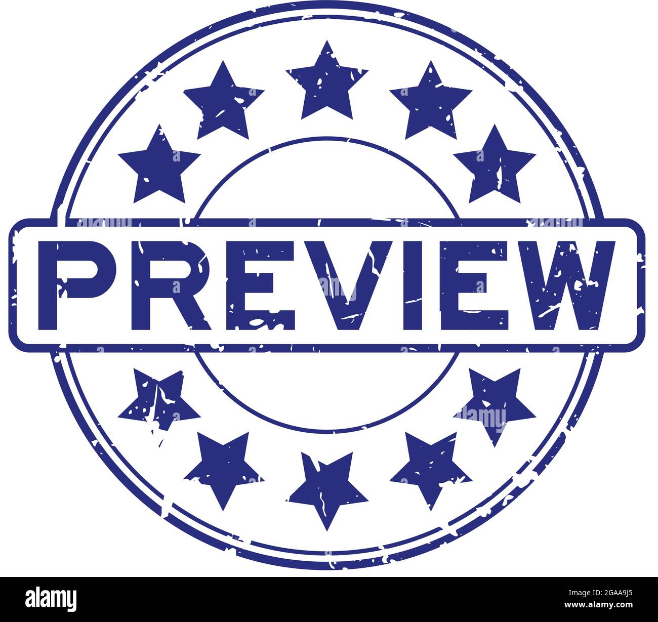 Grunge blue rubber preview word with star icon round rubber seal stamp ...