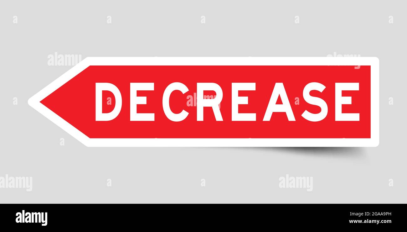 Label sticker in red color arrow shape as word decrease on white ...