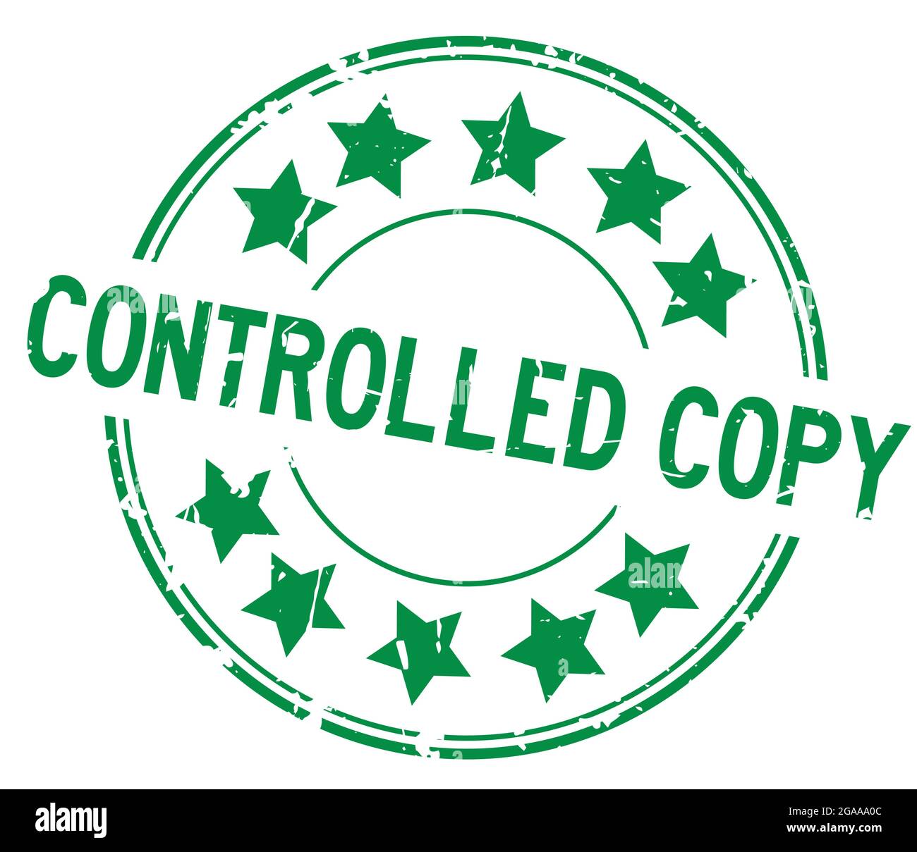 Grunge green controlled copy word with star icon round rubber seal stamp on white background ...