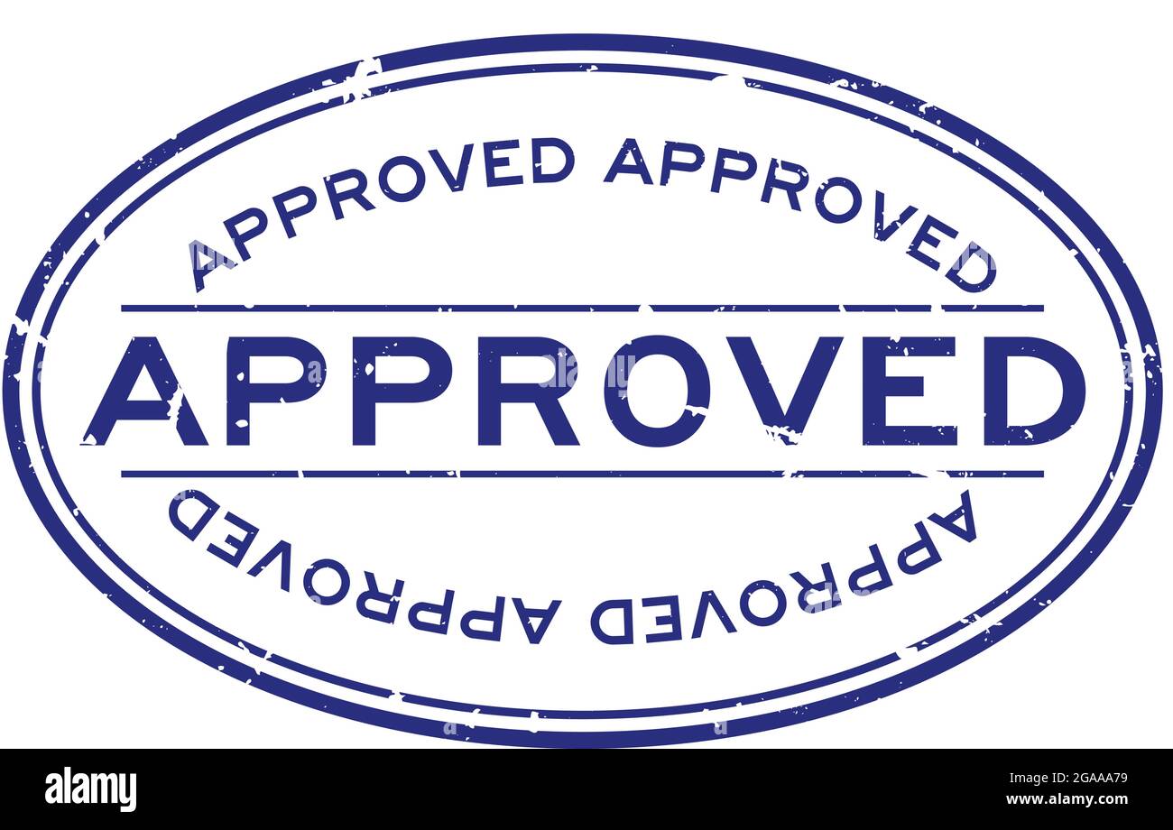 Grunge blue approved word oval rubber seal stamp on white background ...