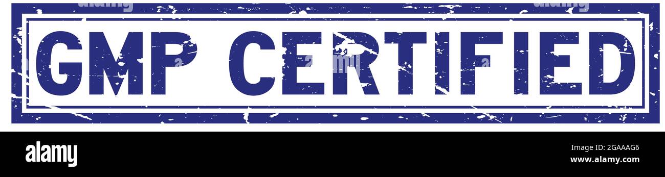 Grunge blue GMP (Good manufacturing practice) certified square rubber seal stamp on white ...