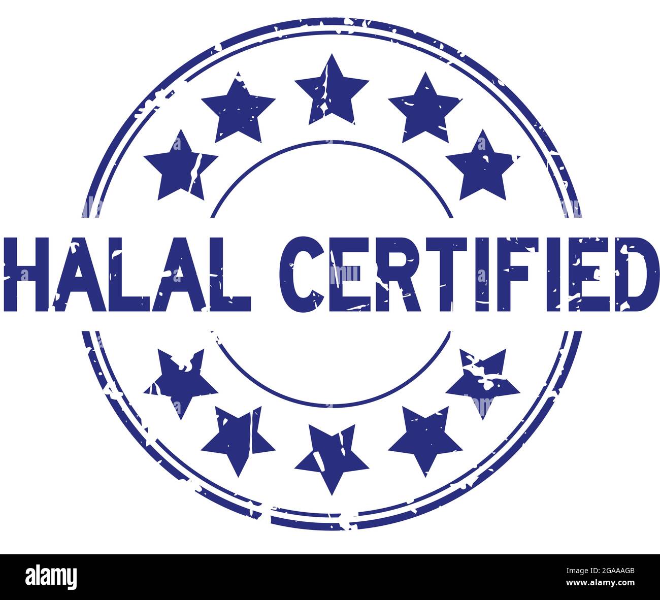 Grunge blue halal certified word with star icon round rubber seal stamp ...