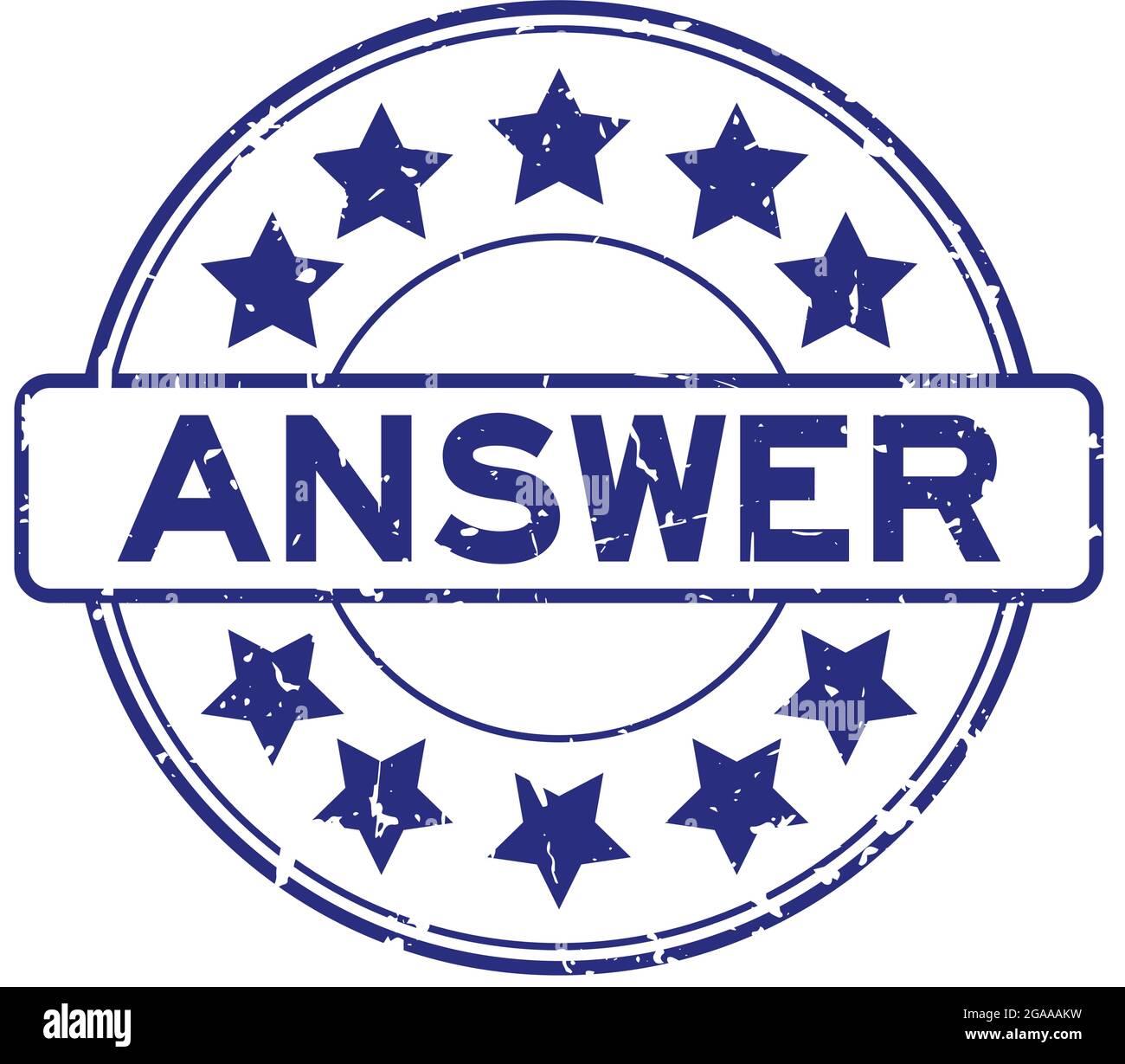 Grunge blue answer word with star icon round rubber seal stamp on white ...
