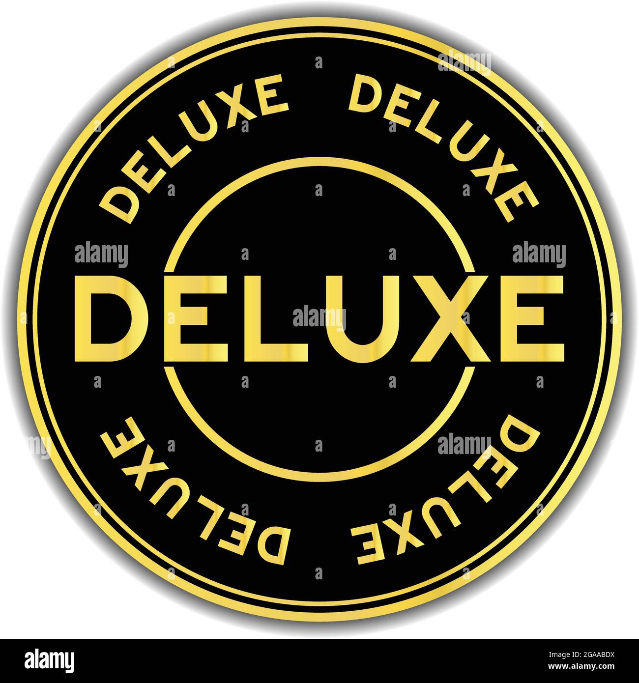 Black and gold color deluxe word round seal sticker on white background ...