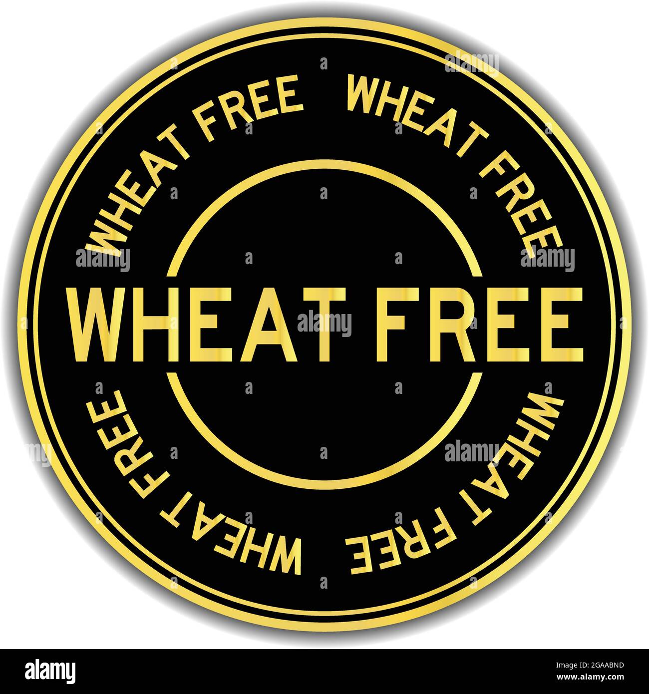 Black and gold color wheat free word round seal sticker on white ...
